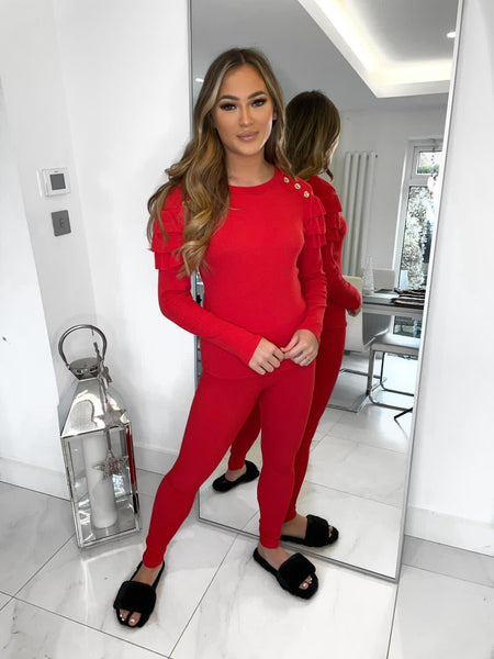 Kara Gold Button Frill Loungeset - Red – GlamDoll Fashion